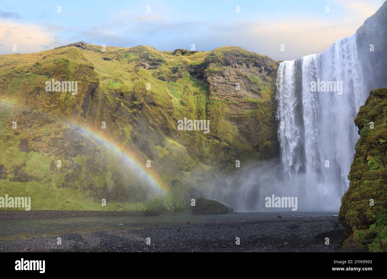 The rainbow over the famous Icelandic waterfall Skogafoss. One of the ...