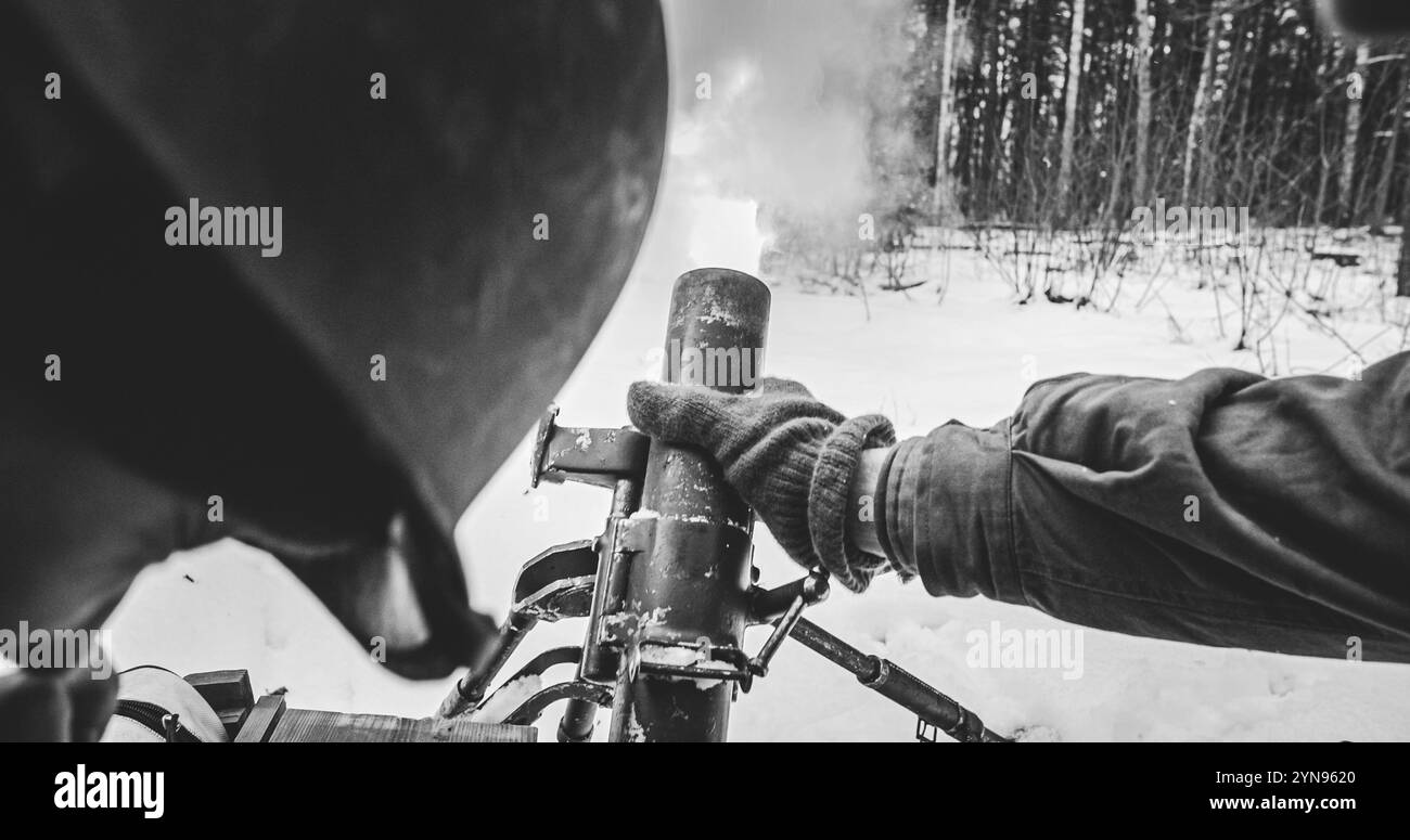Heroes Of War. Mortar Shooting Explosions Forest. Close-up View On Re ...