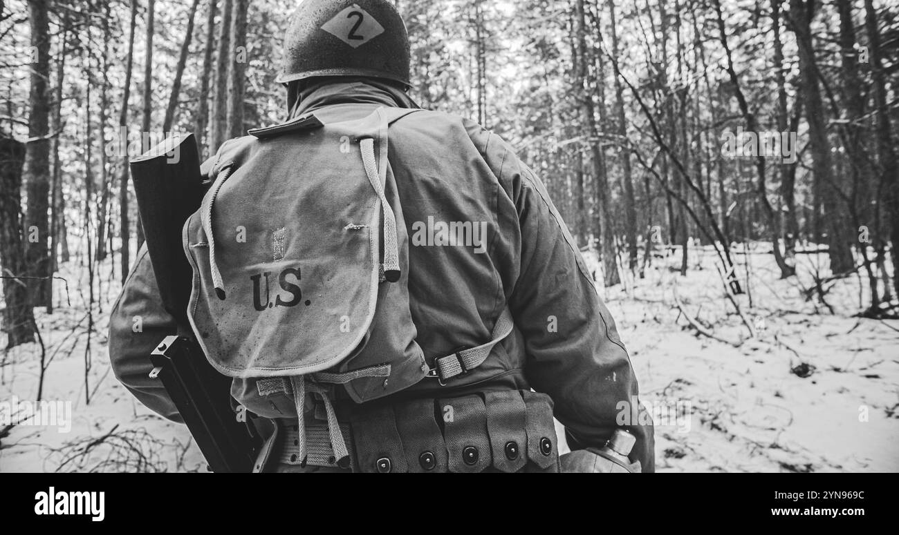 Heroes Of War. American Infantry Soldier Marching Through Forest Road ...