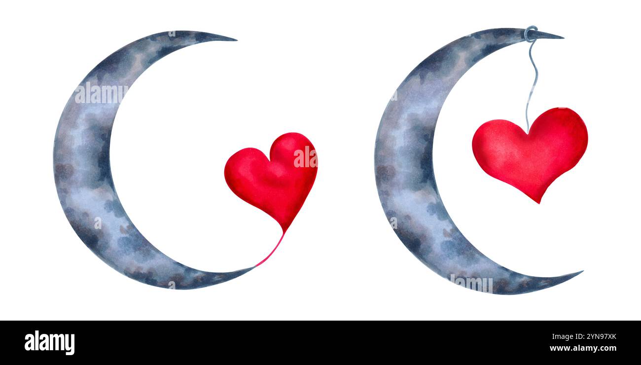 Crescent moon with heart composition. Astrological drawing for ...