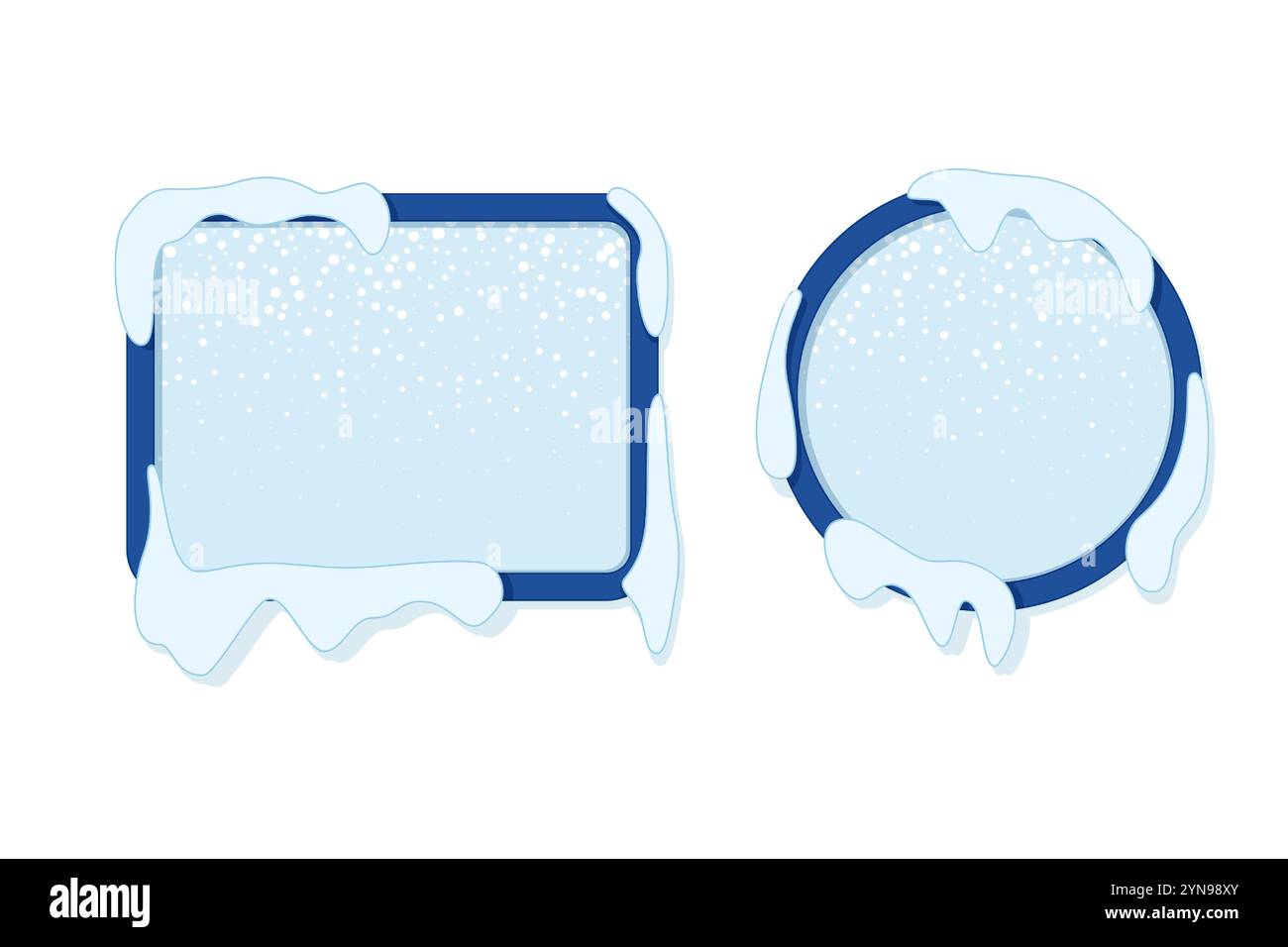 Round and rectangular winter frames with falling snow in flat style ...