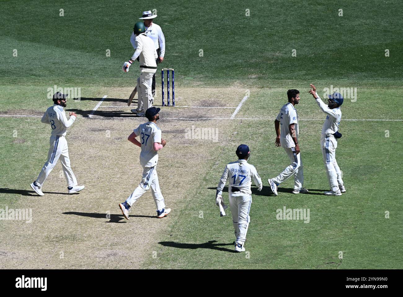 Perth, Australia. 25th Nov, 2024. India celebrates the wicket of ...