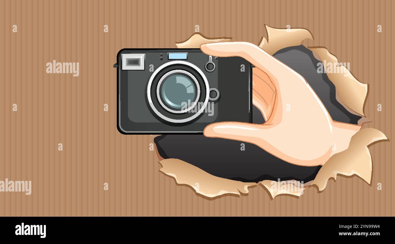 Hand holding camera through torn paper hole Stock Vector Image & Art ...