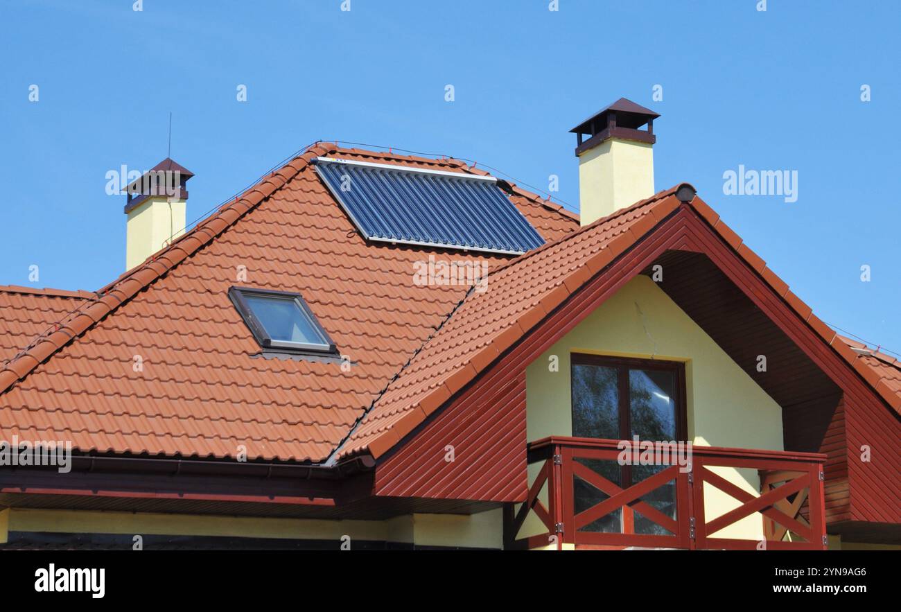 Modern house rooftop with residential lightning protection, attic ...