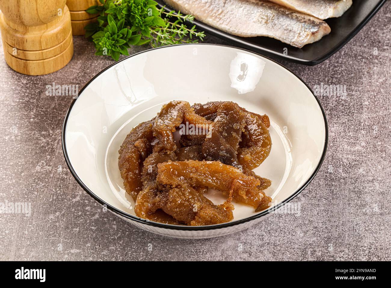 Salted Herring roe snack in the plate Stock Photo - Alamy