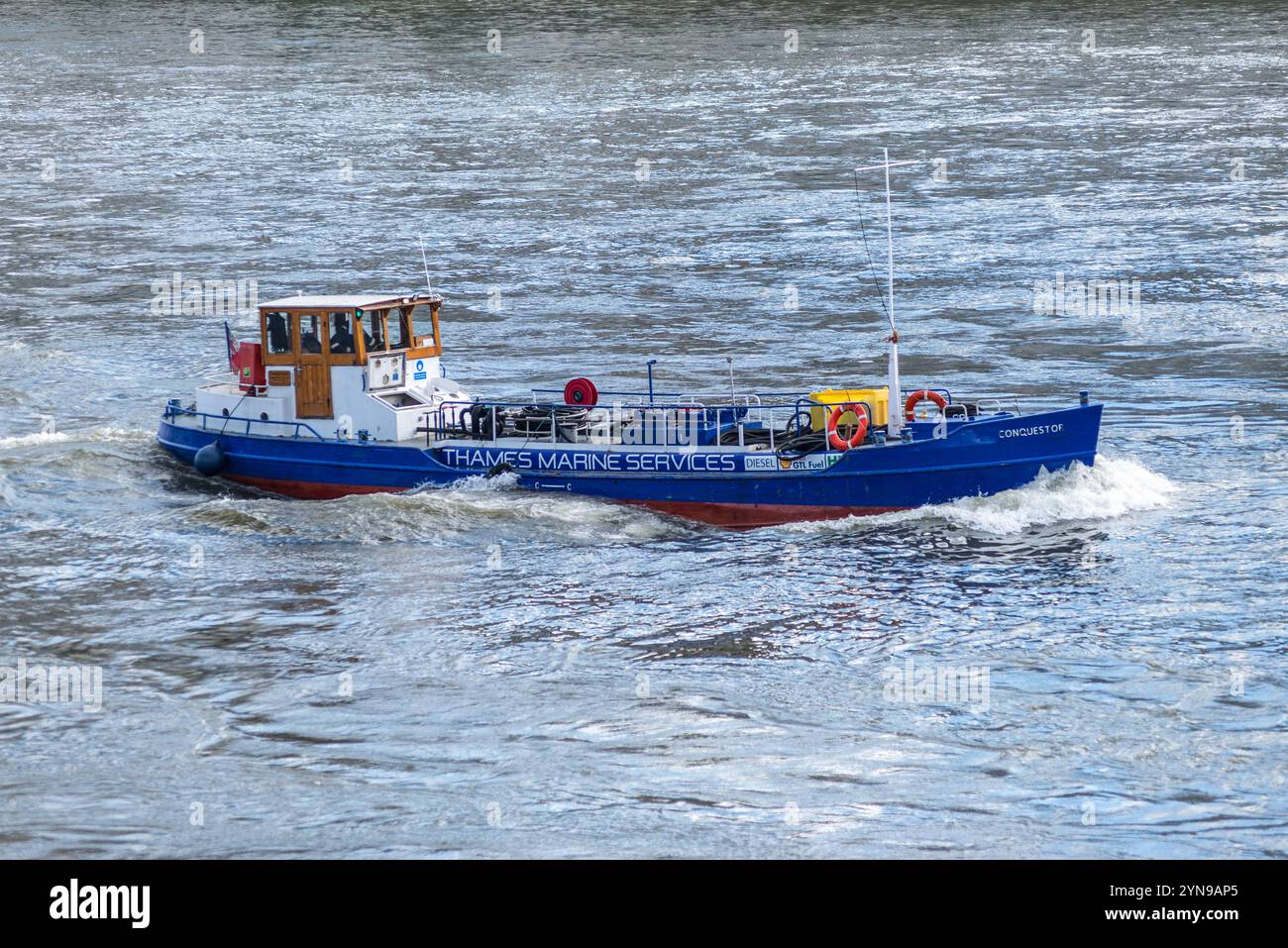 London, UK - March 27, 2024: Motorised fuel tanker Conquestor sails on ...