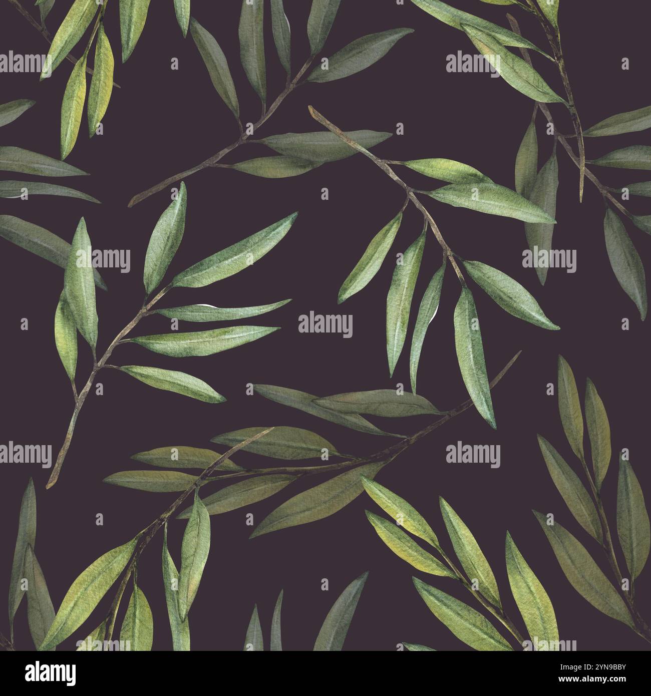 Olive tree branches, fruitless with green leaves seamless pattern ...