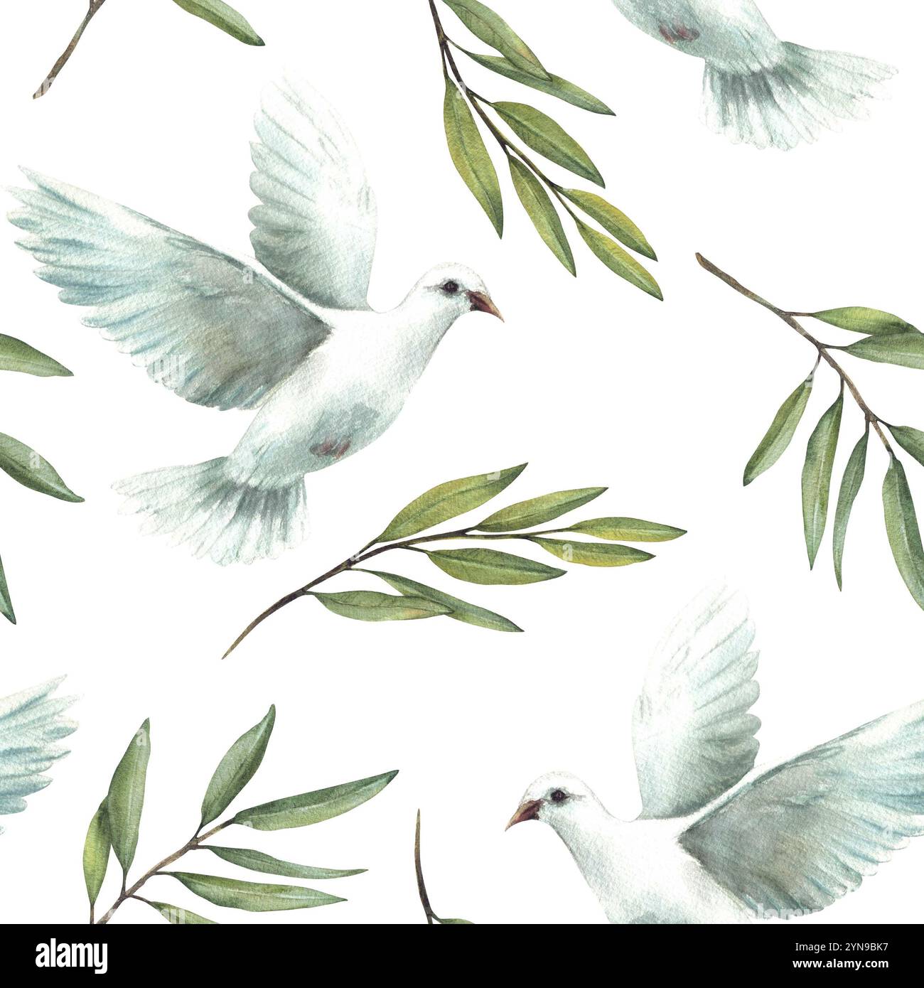 Pigeon and green olive branches seamless pattern. White flying dove ...