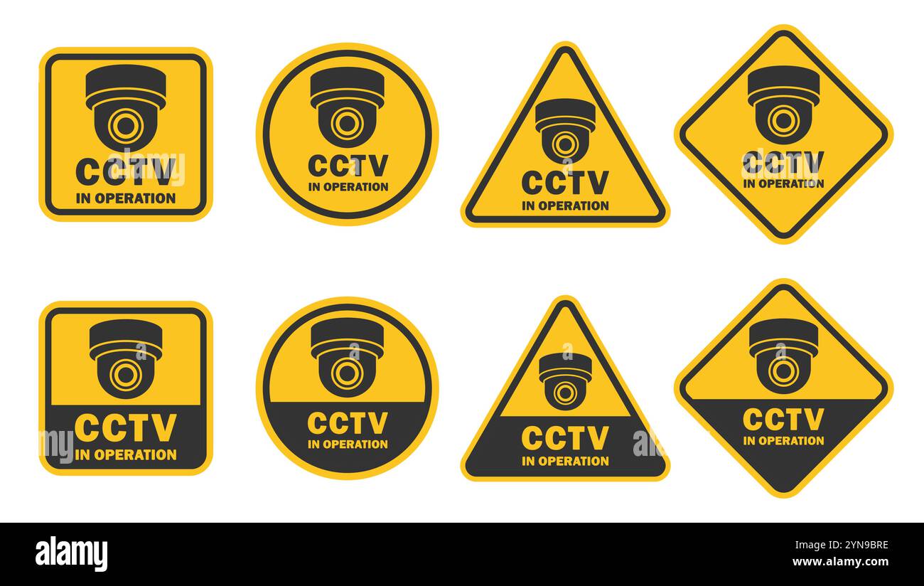 Warning yellow black sign set. Security cameras in use symbol icon ...