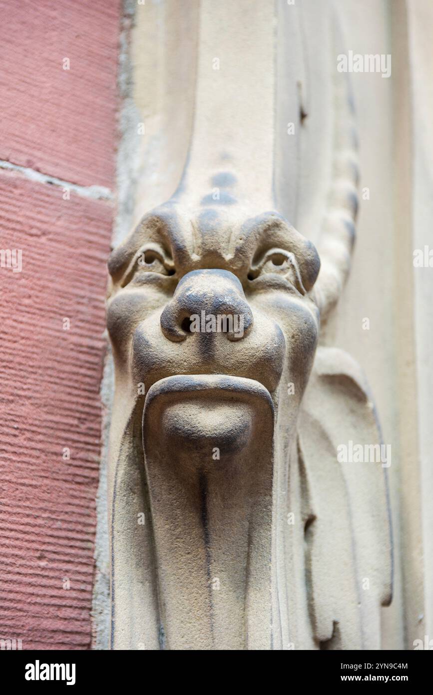 Closeup stoned head on building facade, Heidelberg, Germany, 20 Aug ...