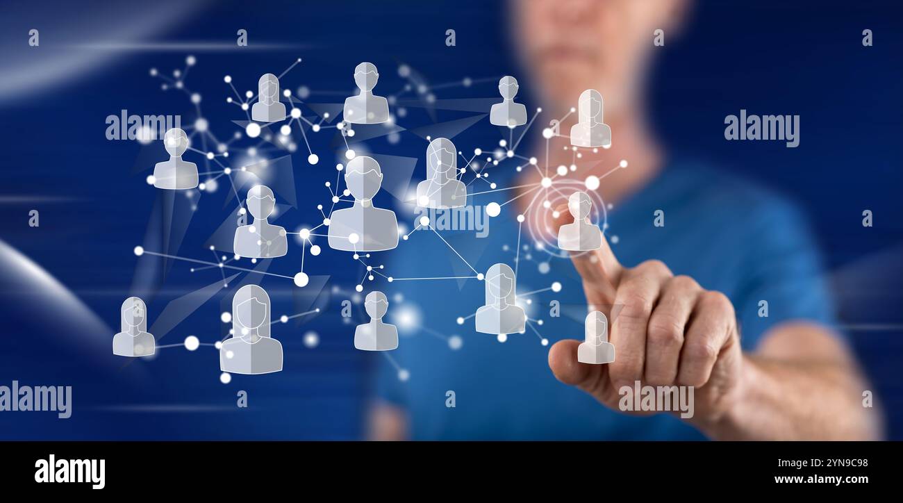 Man touching a social media network concept on a touch screen with his ...