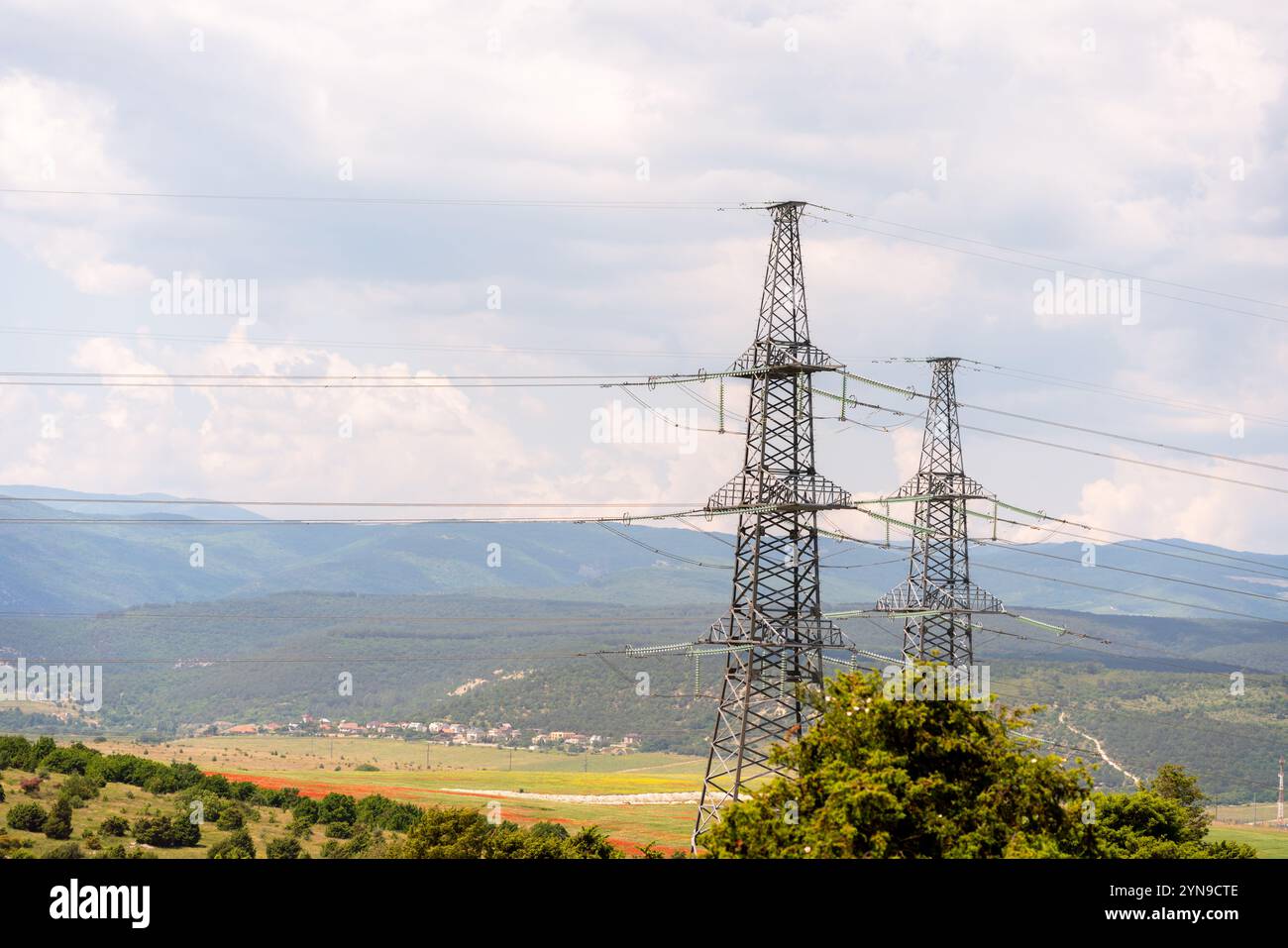 High voltage towers Electric pole. Power line support with wires for ...