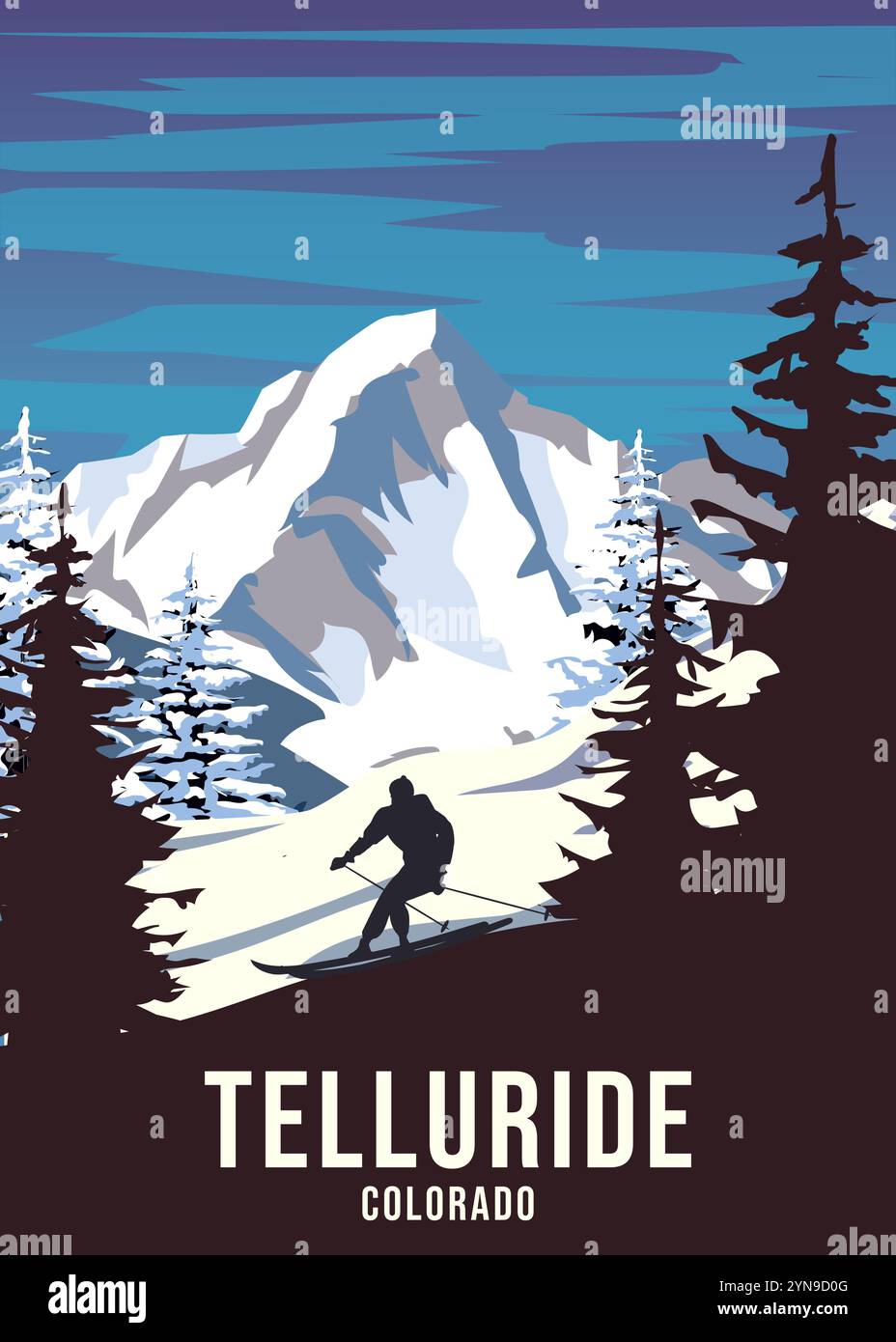 Vintage Travel poster Ski Telluride resort. America winter landscape ...