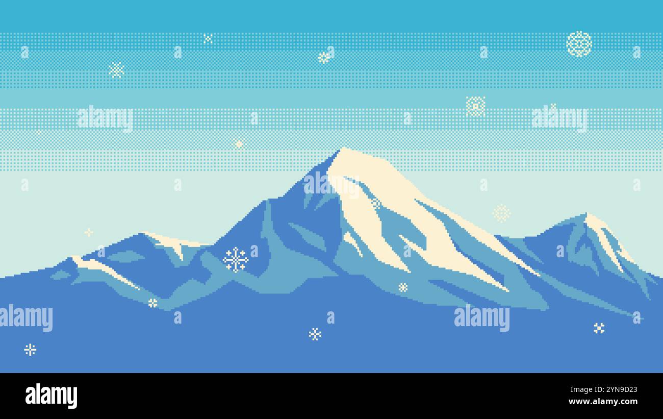 Pixel art snowy mountains with falling snowflakes. Landscape for game ...