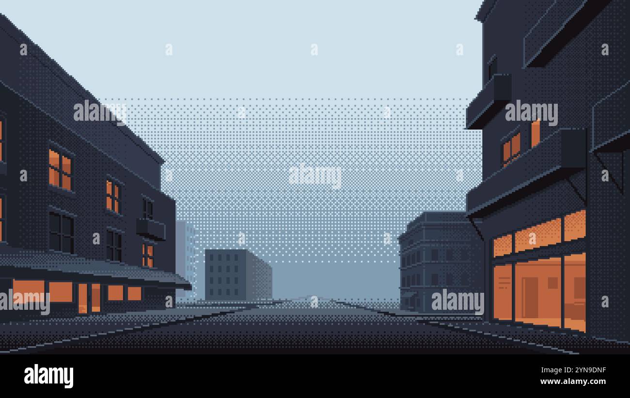 Pixel art of a city street at night. Buildings with windows lit in the ...