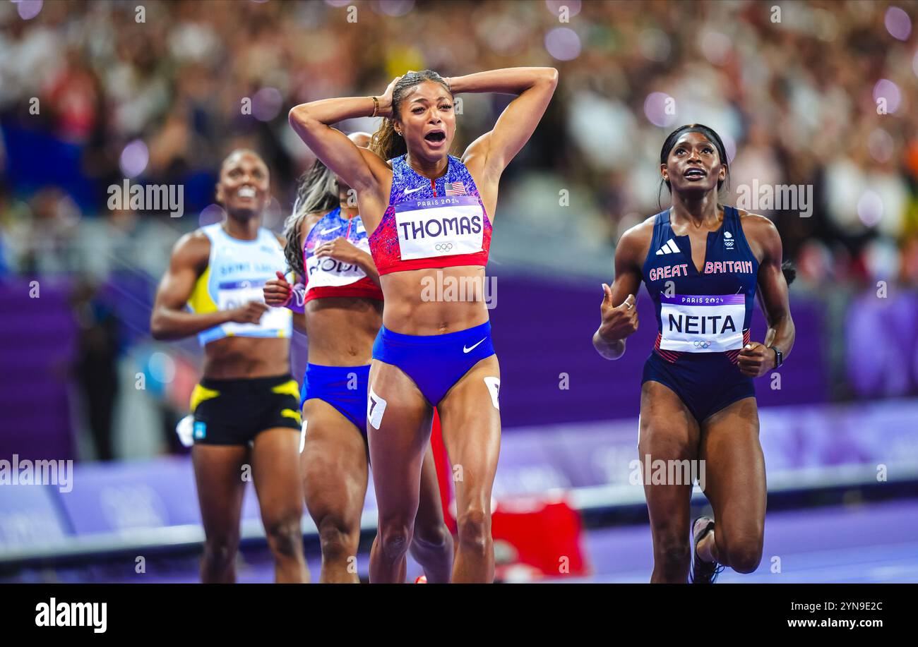 Gabrielle Thomas winning in the 200 meters relay at the Paris 2024 ...