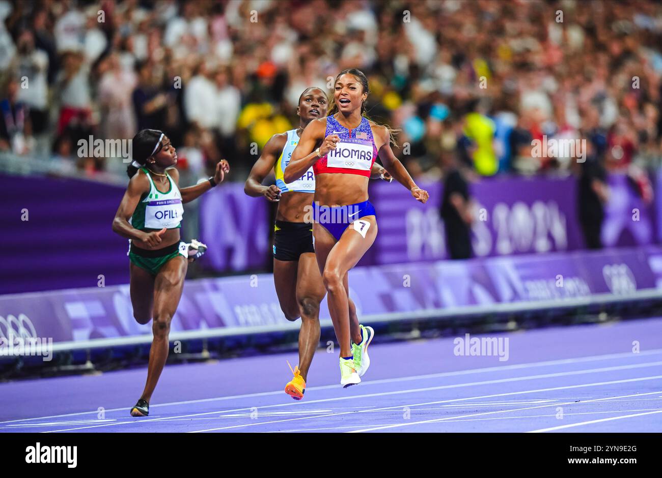 Gabrielle Thomas winning in the 200 meters relay at the Paris 2024 ...