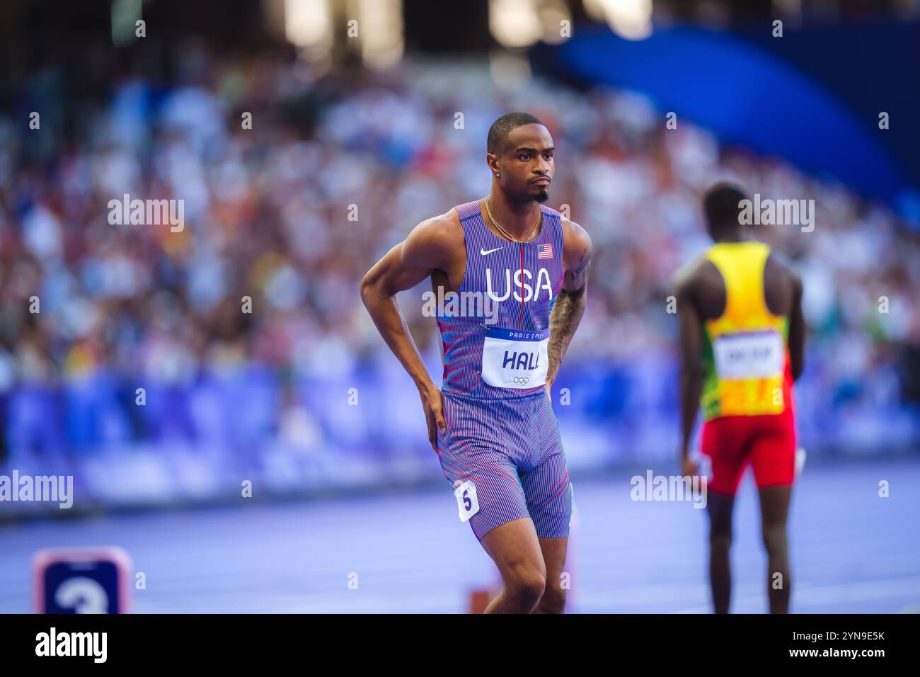 Quincy Hall participating in the 400 meters at the Paris 2024 Olympic ...