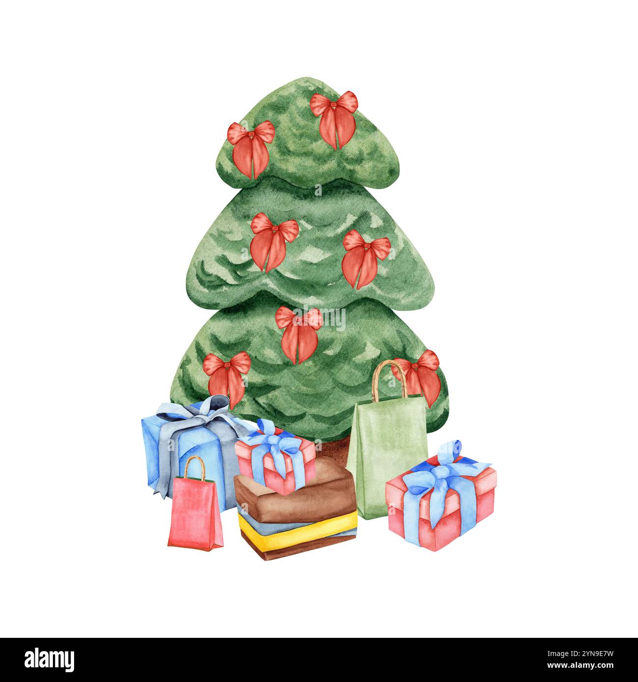 Christmas tree with gifts. Watercolor illustration of a Christmas tree ...