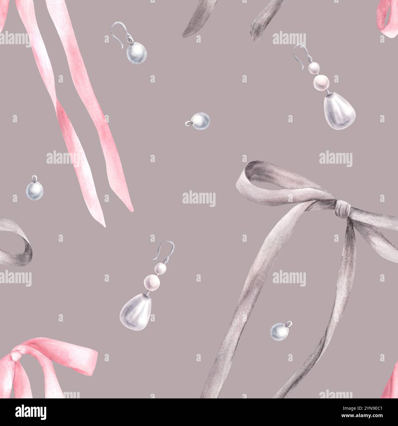 Bows, ribbons and pearl earrings seamless pattern. Watercolor girly ...