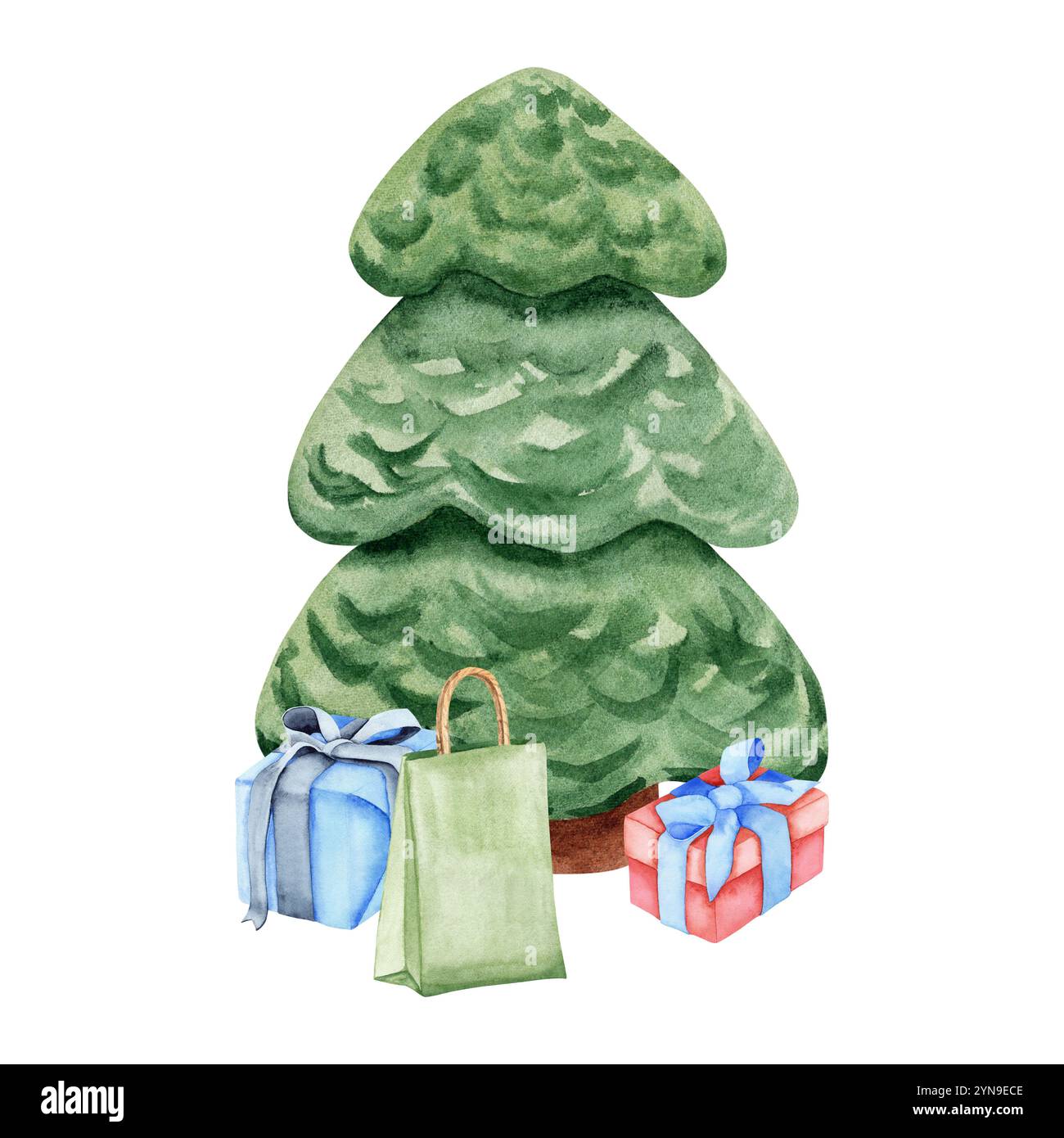 Christmas tree with gifts. Watercolor illustration of a Christmas tree ...