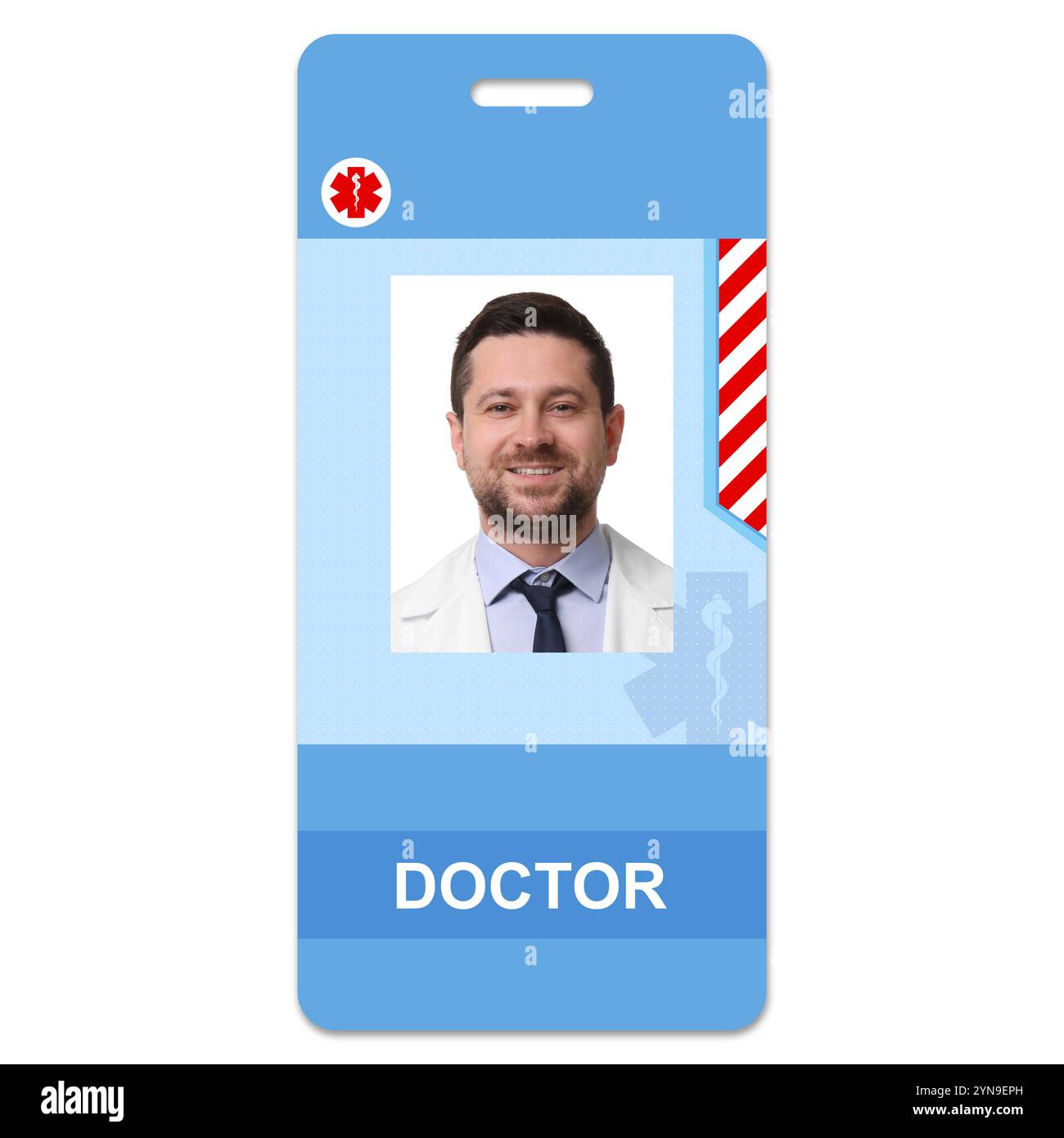 Doctor's badge with photo of man on white background Stock Photo - Alamy
