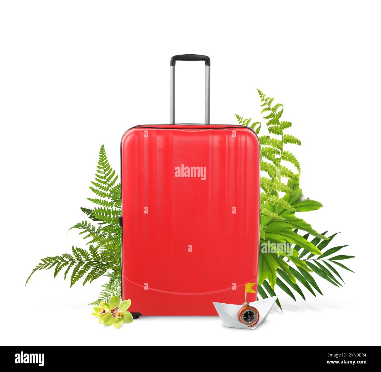 Red travel suitcase, paper boat, tropical leaves and flowers on white ...