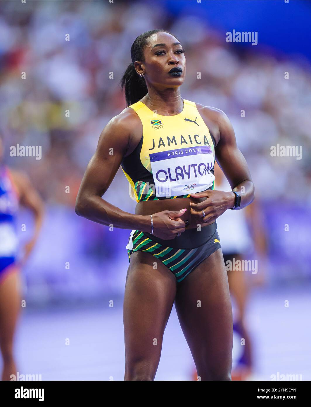 Rushell Clayton participating in the 400 meters hurdles at the Paris ...