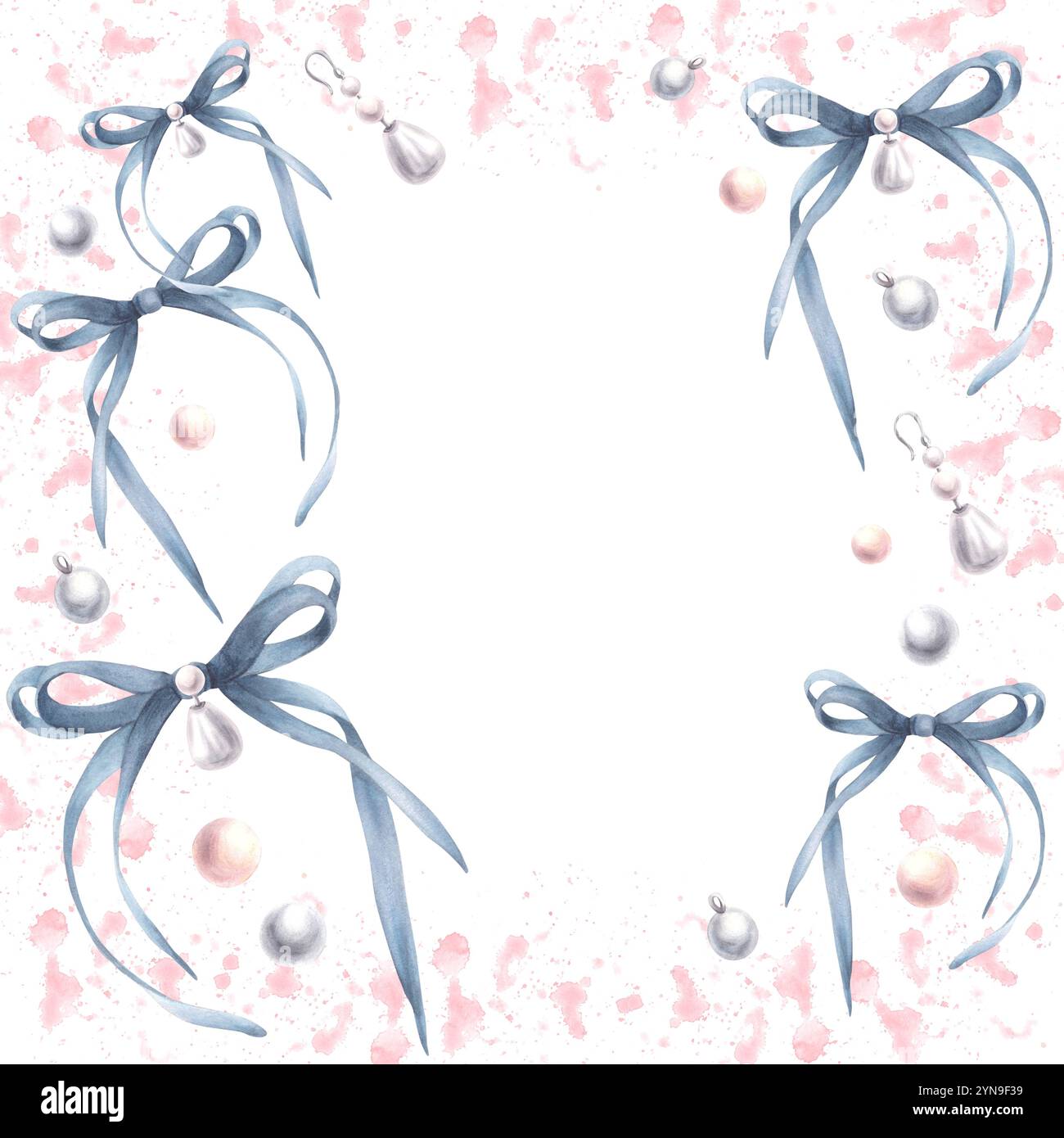 Blue bows, ribbons with pearl earrings on watercolor pink spots ...