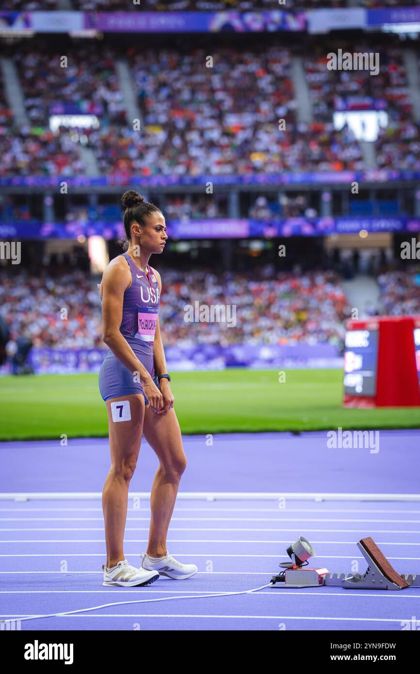 Sydney McLaughlin participating in the 400 meters hurdles at the Paris ...