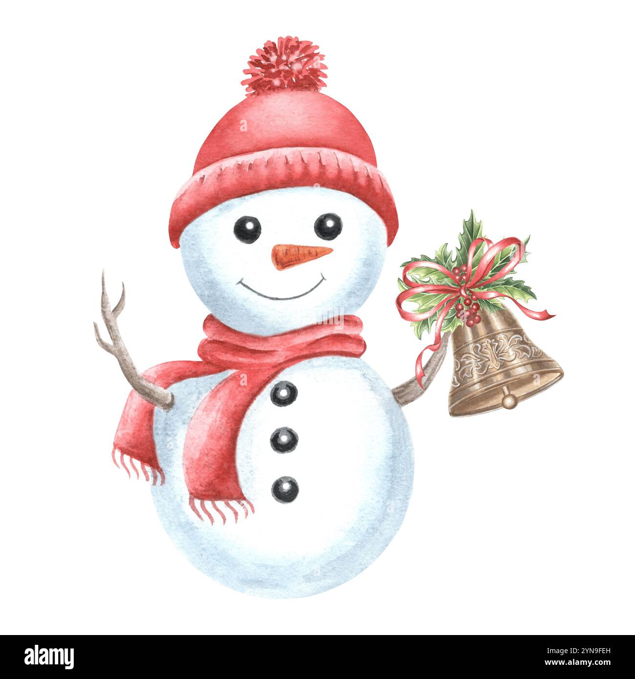 Snowman and Christmas bell, holly and bow. Cute kids cheerful character ...