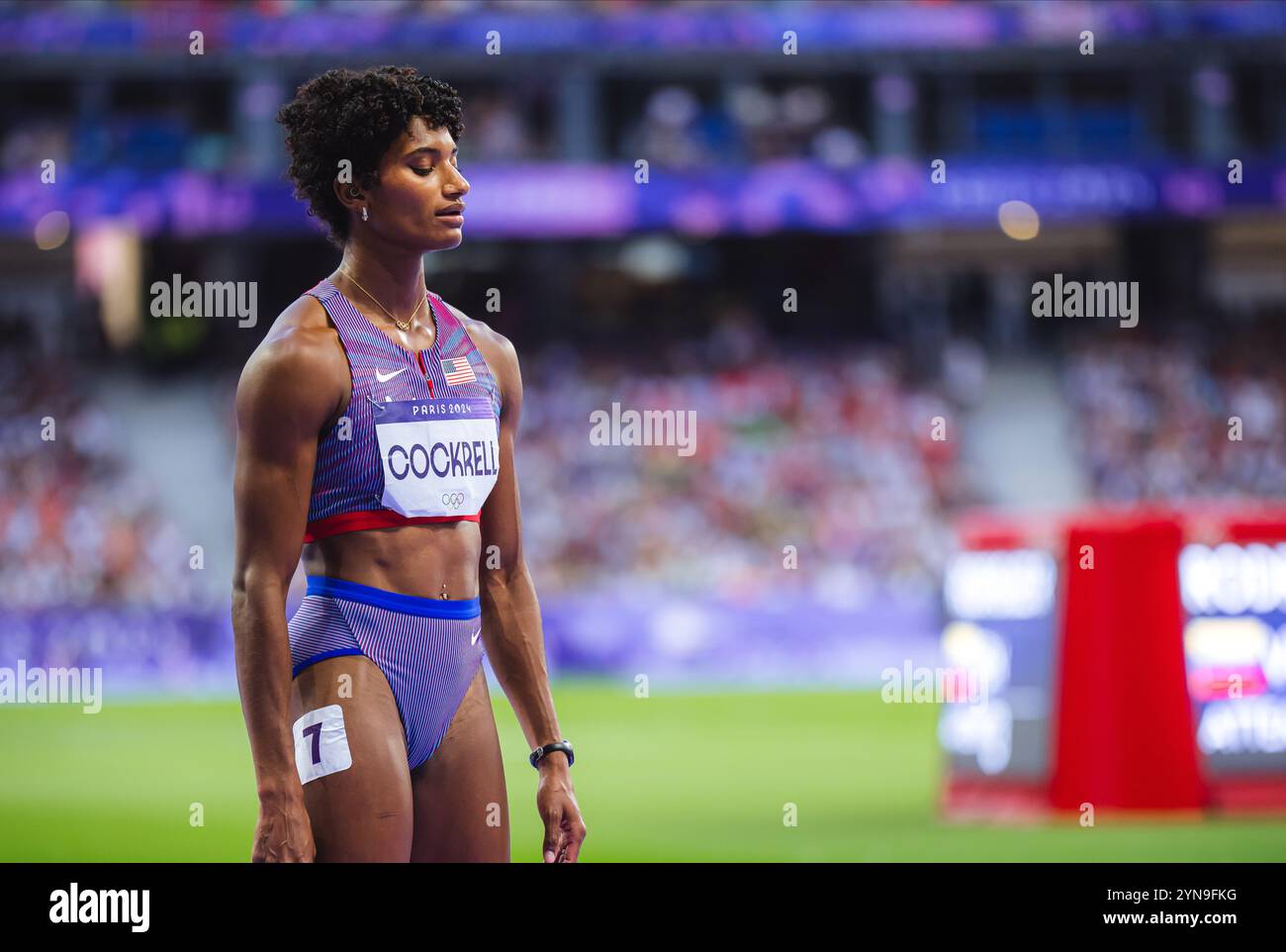 Anna Cockrell participating in the 400 meters hurdles at the Paris 2024 ...