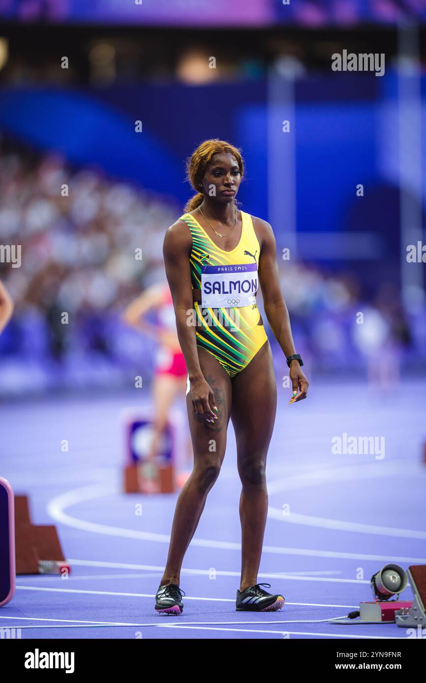 Shiann Salmon participating in the 400 meters hurdles at the Paris 2024 ...