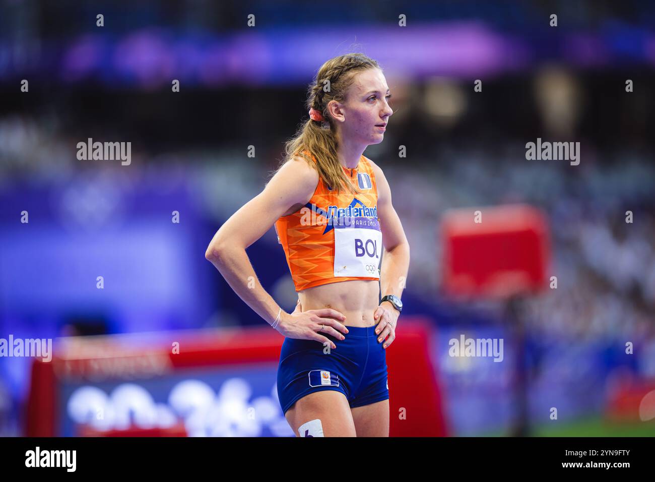 Femke Bol participating in the 400 meters hurdles at the Paris 2024 ...