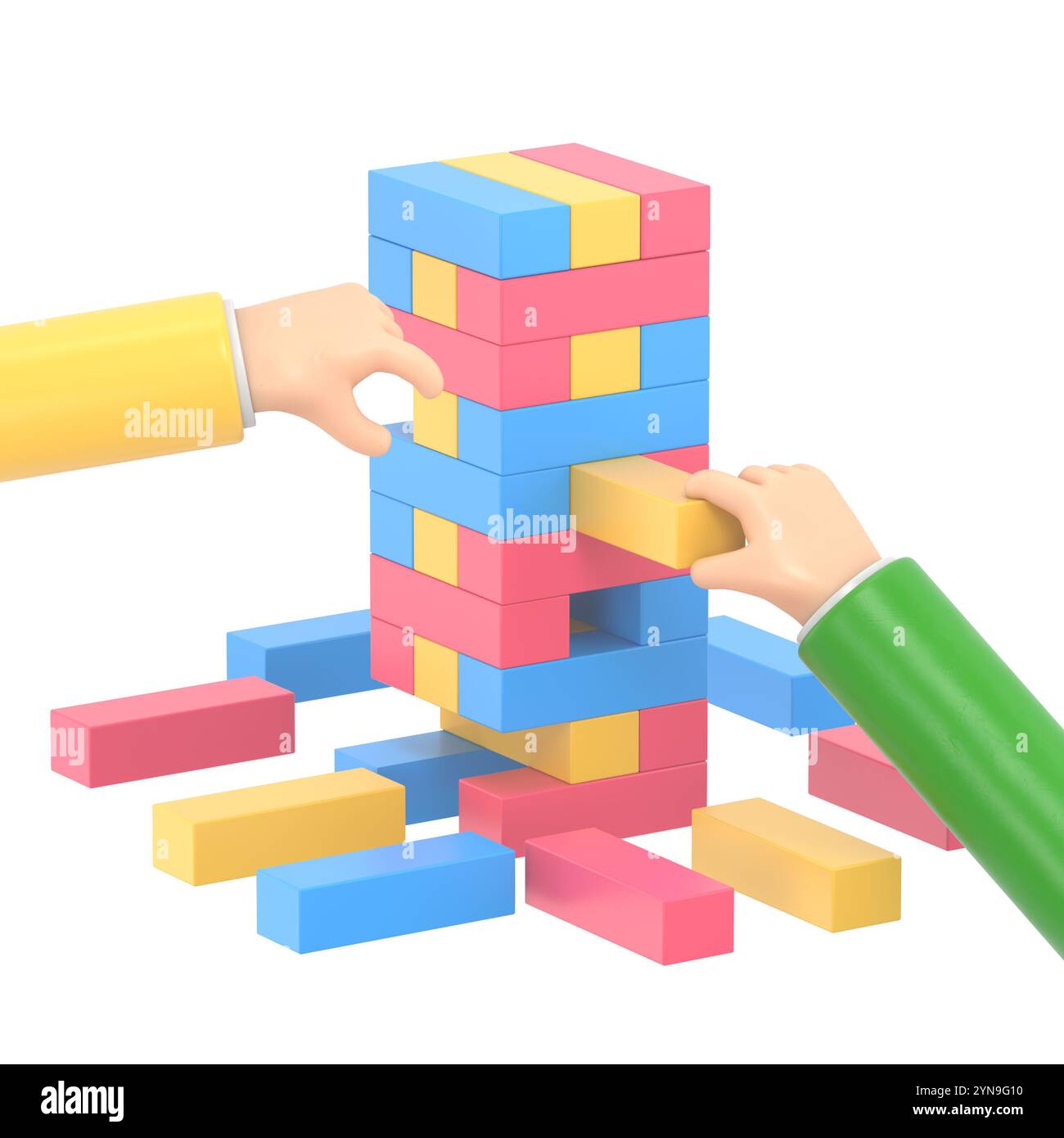 Cartoon Gesture Icon Mockup.Businessman hands play wood block tower game, Teamwork, Strategy and ...