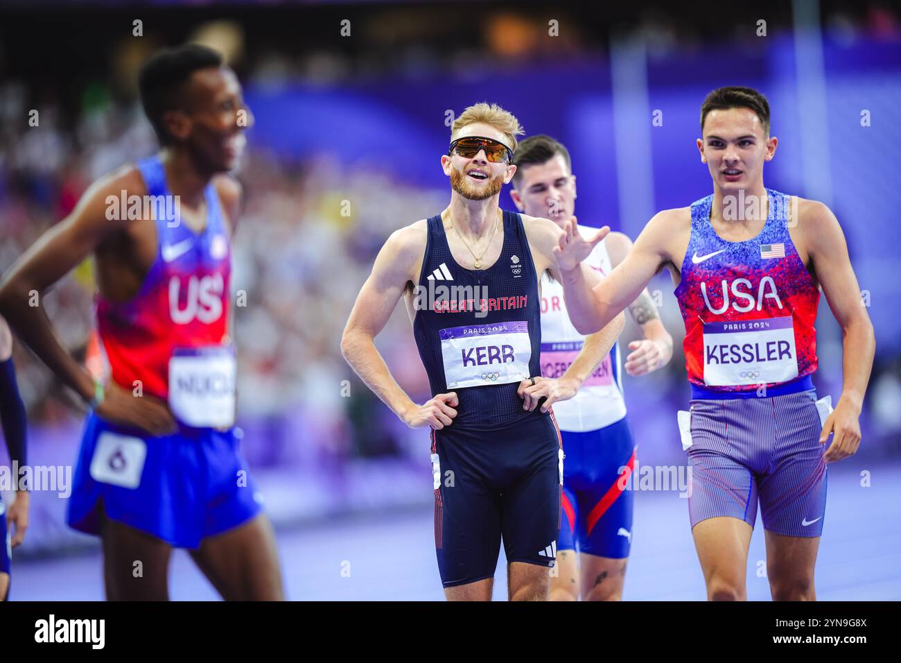 Josh Kerr participating in the 1500 meters at the Paris 2024 Olympic ...