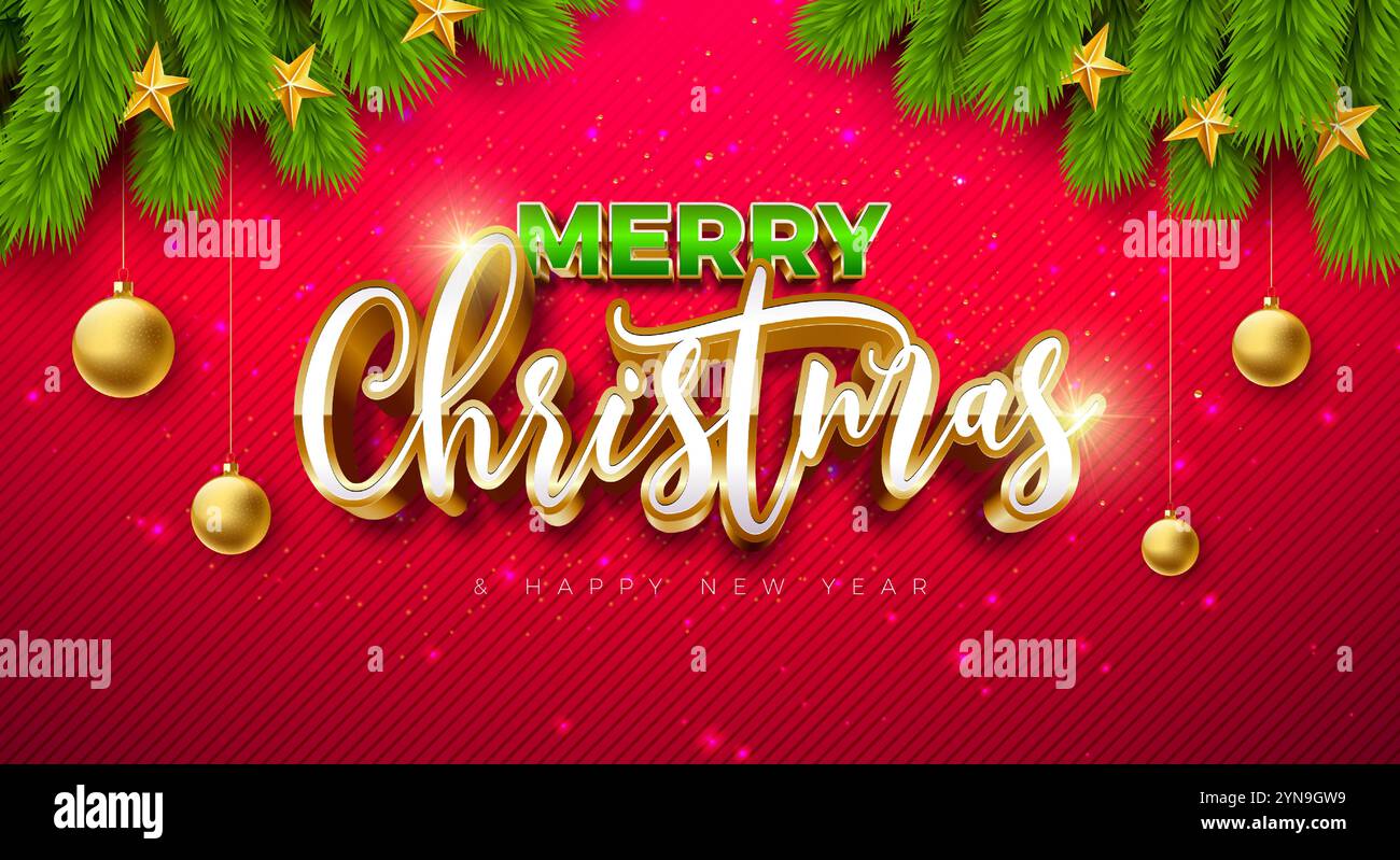 Merry Christmas and Happy New Year Banner with Fir Branch and 3d ...