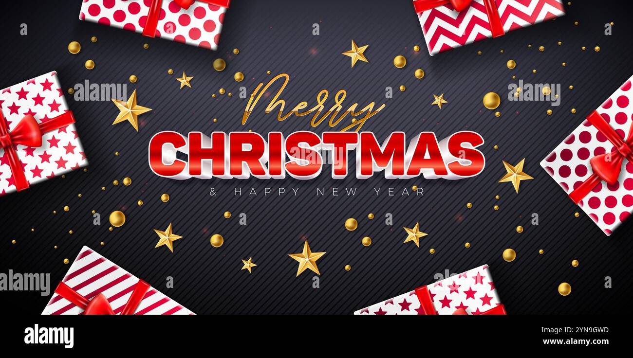 Merry Christmas and Happy New Year Greeting Card Illustration with Gift ...