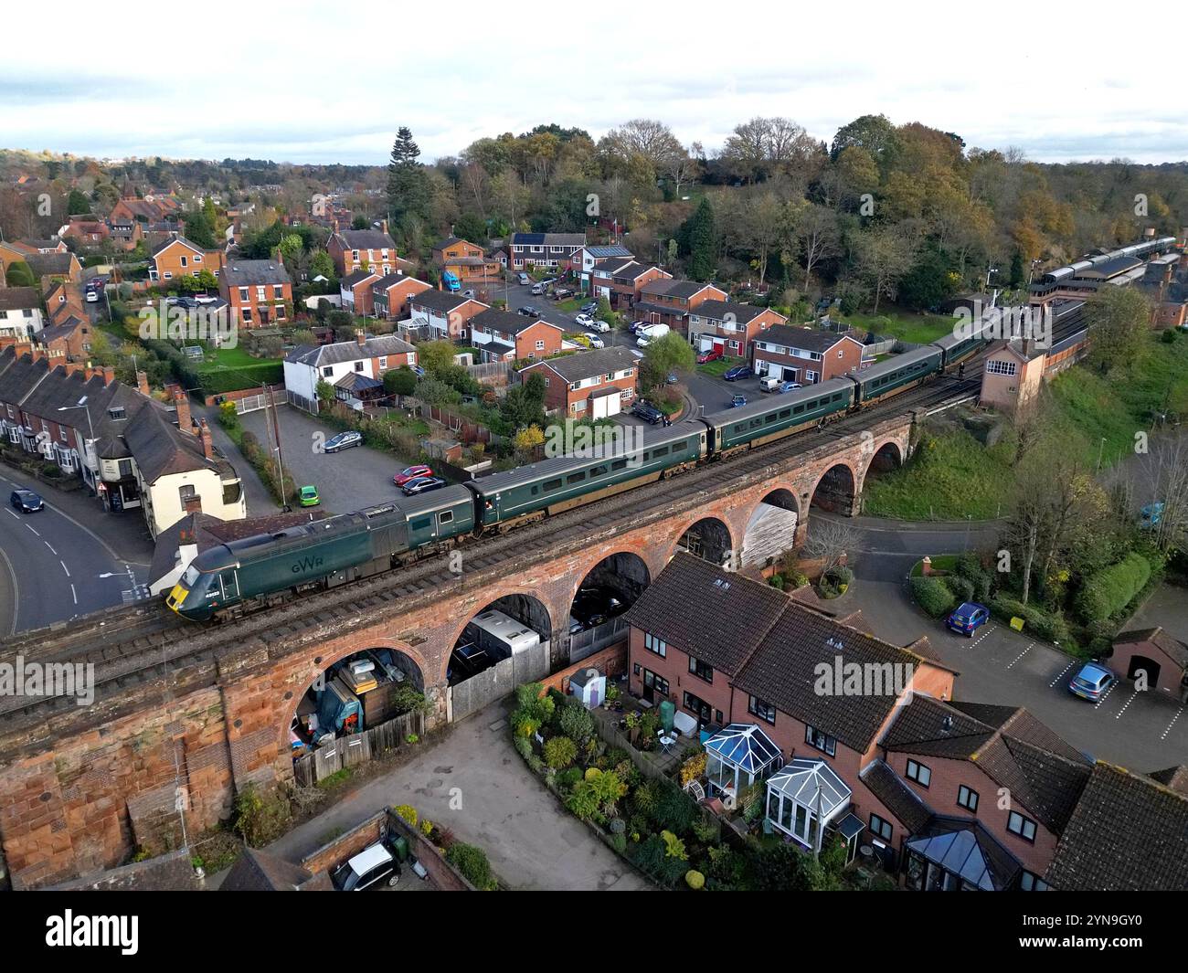 Aerial drone view of ex GWR HST Intercity 125 train passing over ...