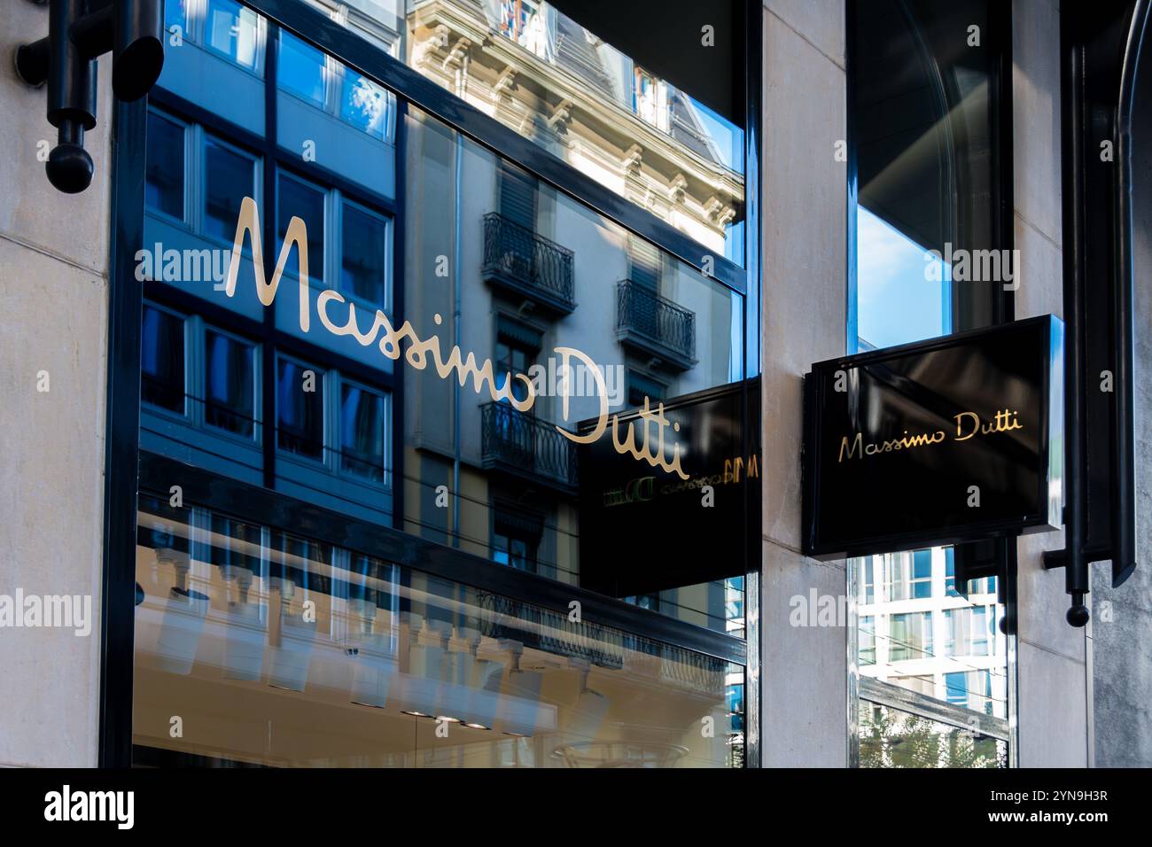 Sign and logo of a Massimo Dutti boutique in Geneva, Switzerland ...