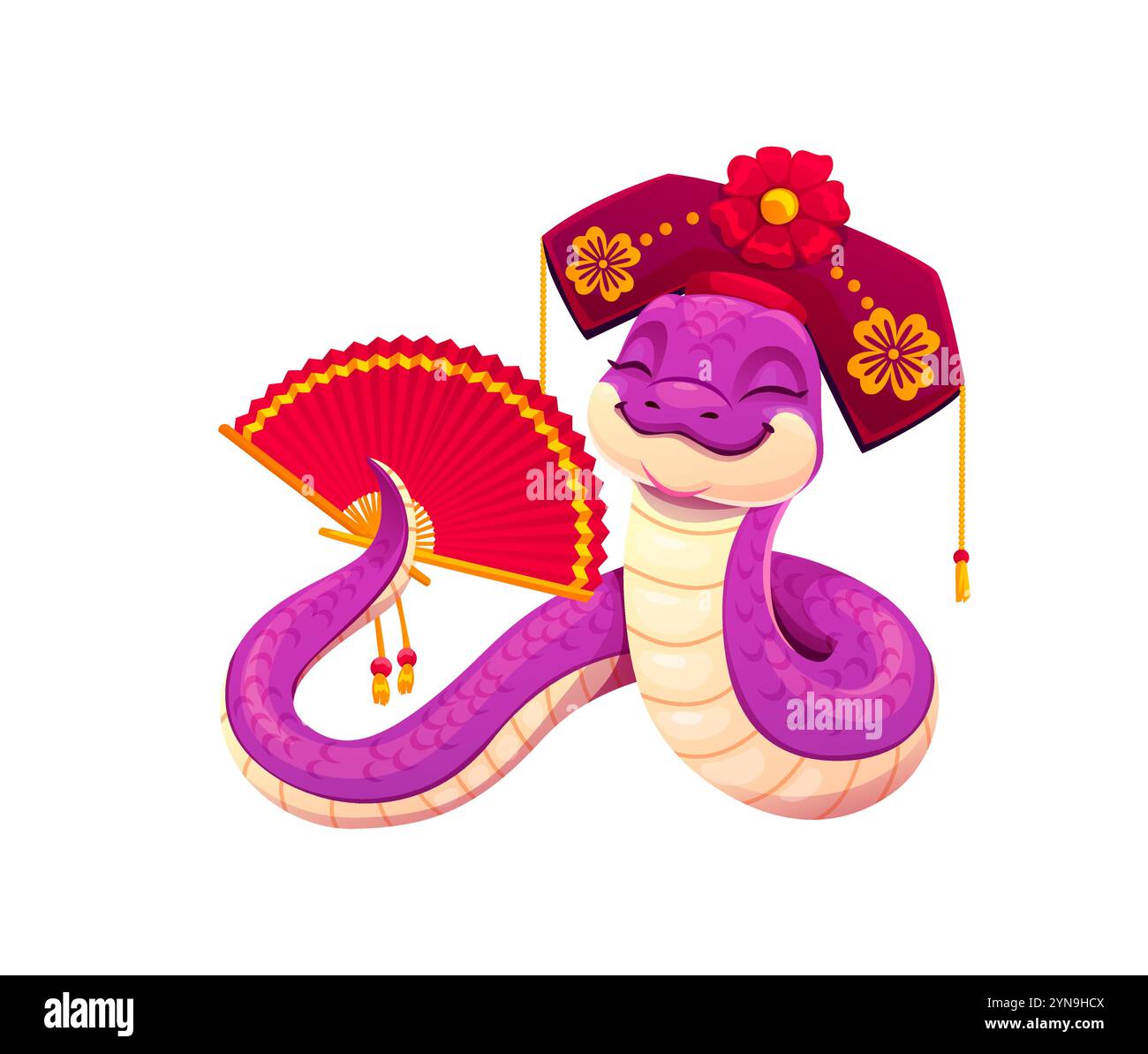 Cute cartoon purple snake in traditional Chinese hat adorned with ...