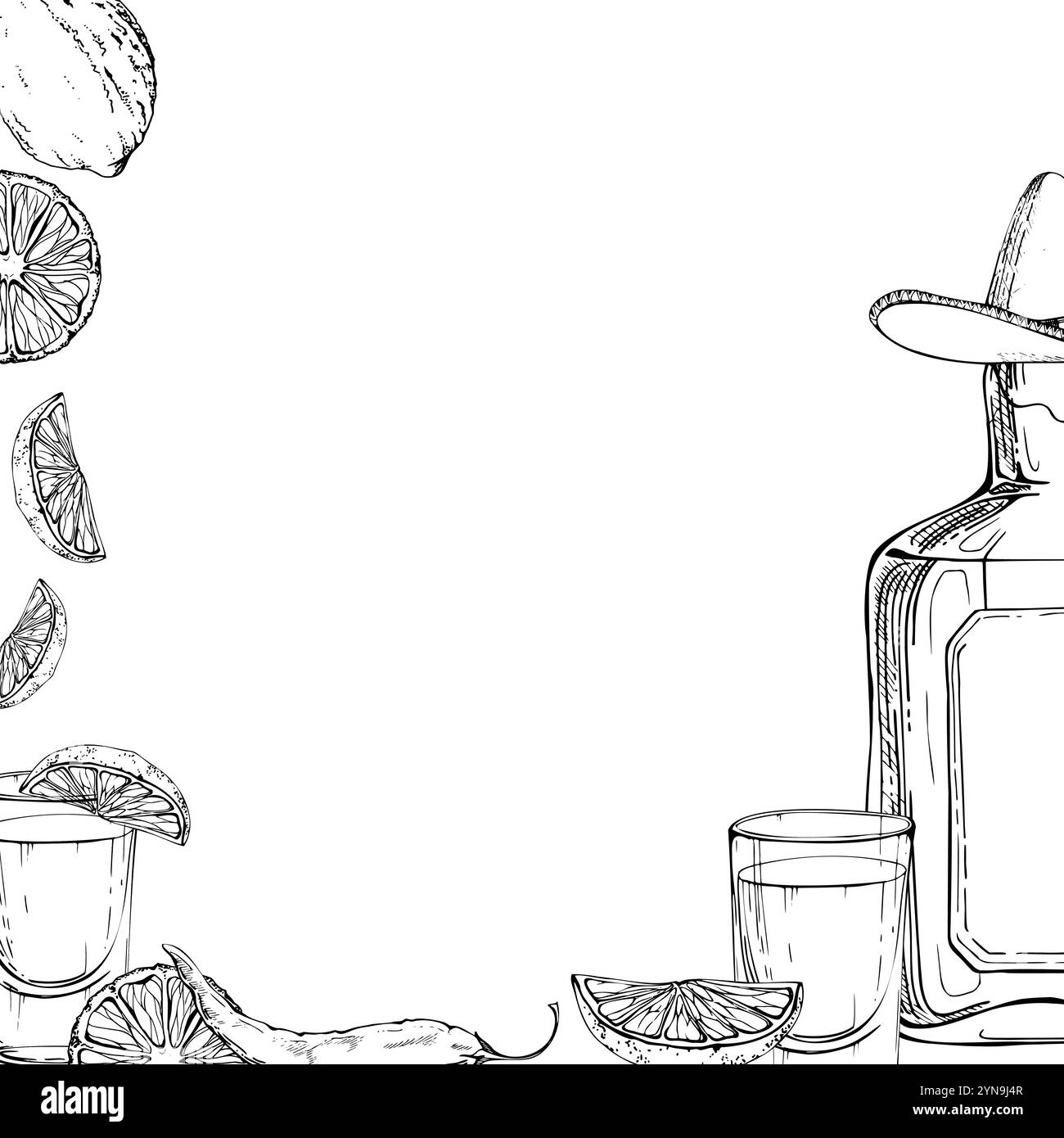 Tequila liquor alcohol bottle in sombrero, shot glasses with lime ...