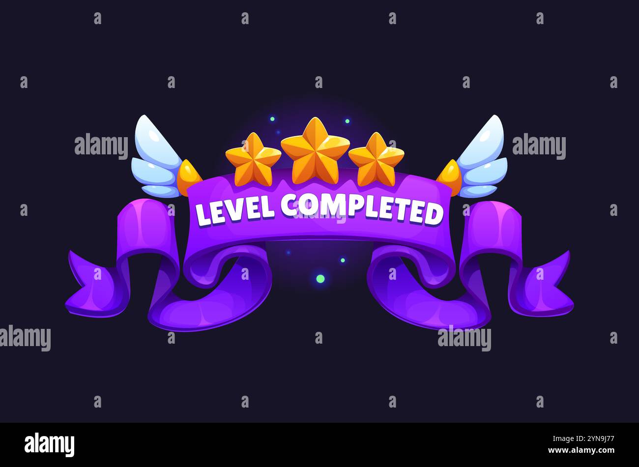 Game asset featuring a level completed badge icon with a purple ribbon, three golden stars, and ...