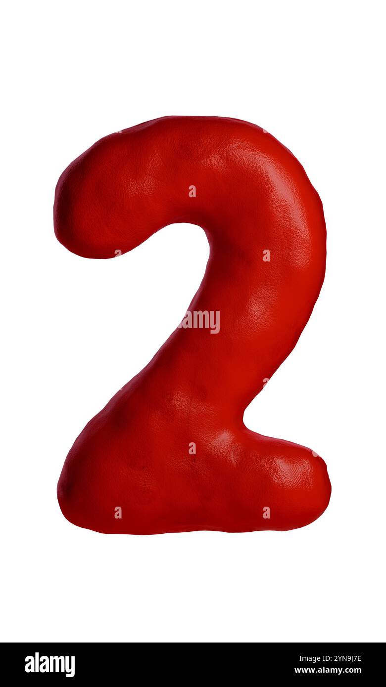 3D red number two with realistic clay texture, mimicking handcrafted plasticine design. Digit 2 ...