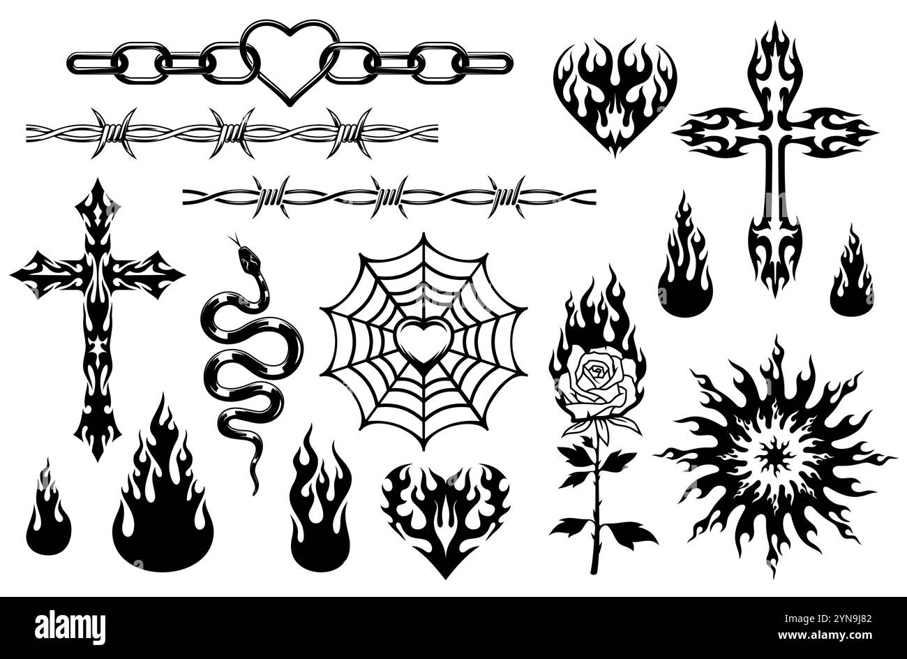 Y2K tribal tattoo set in abstract and gothic art with fire flames ...