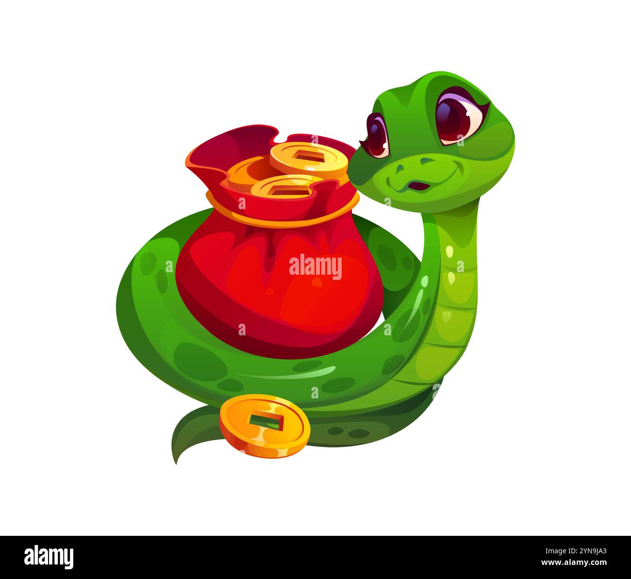 Cartoon funny snake curls around red sack filled with gold coins ...