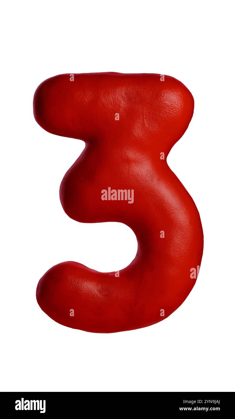 3D red number three with realistic clay texture, mimicking handcrafted ...