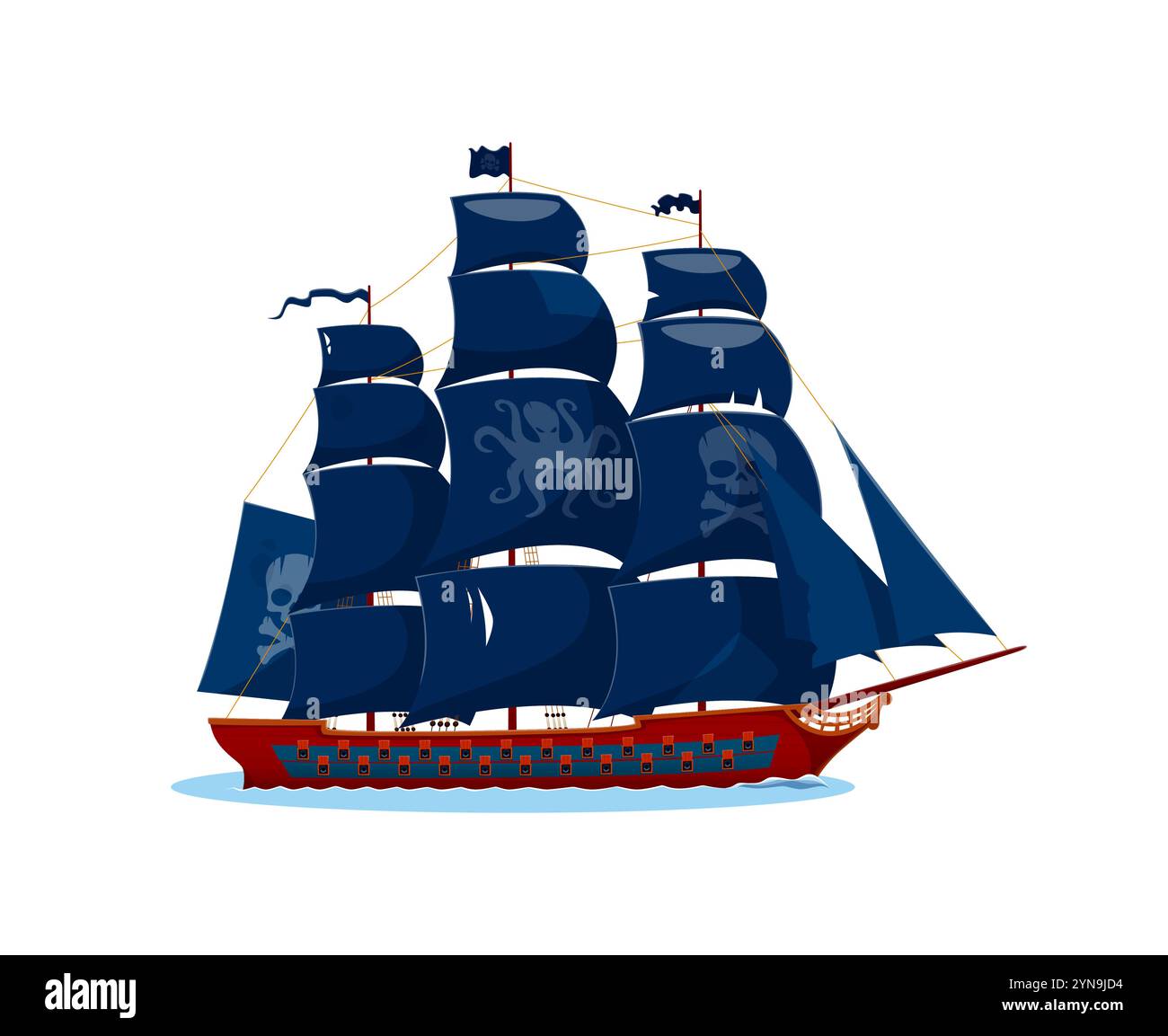 Pirate ship with black sails adorned with octopus and skull. Cartoon ...