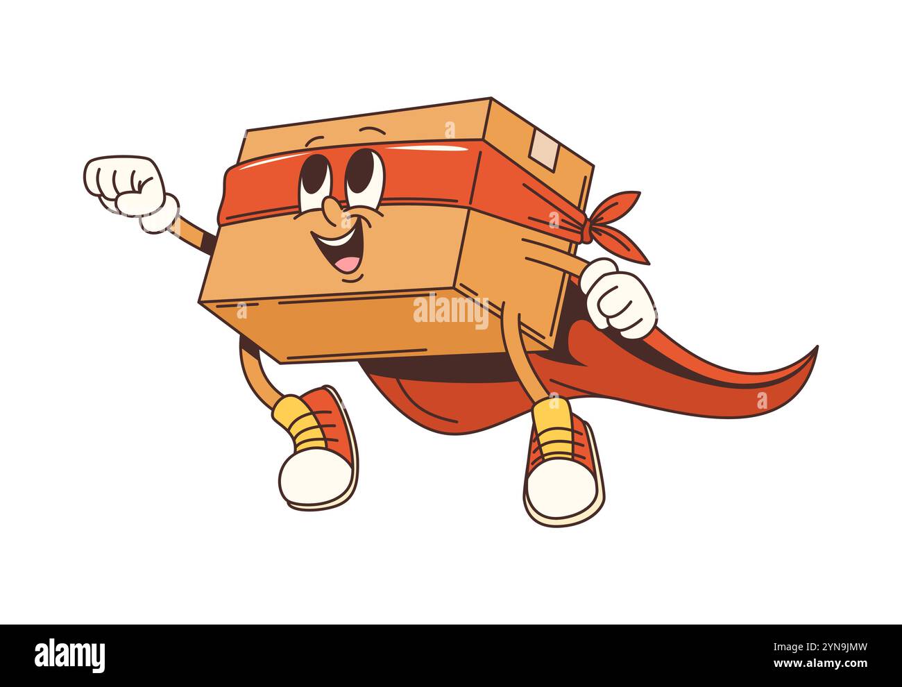 Groovy delivery cardboard box cartoon superhero character. Vector post ...