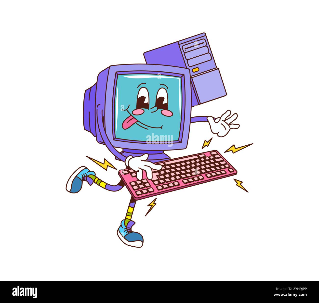 Retro groovy computer monitor character typing on keyboard. Cartoon ...